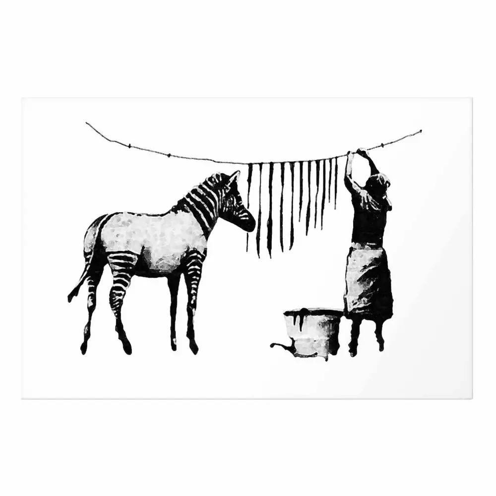 Poster Banksy: Zebra Crossing - black and white zebra and woman hanging ...