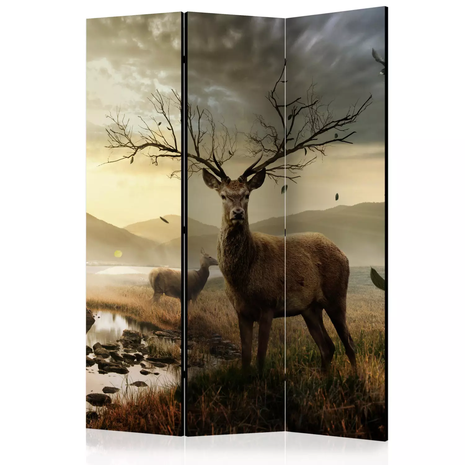 Deer Over the Mountain Stream 3 piece animals against fields backdrop